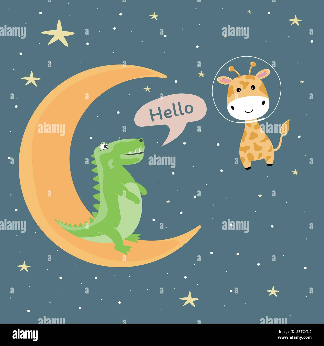 Night landscape where cute alligator sitting on moon and in says hello ...