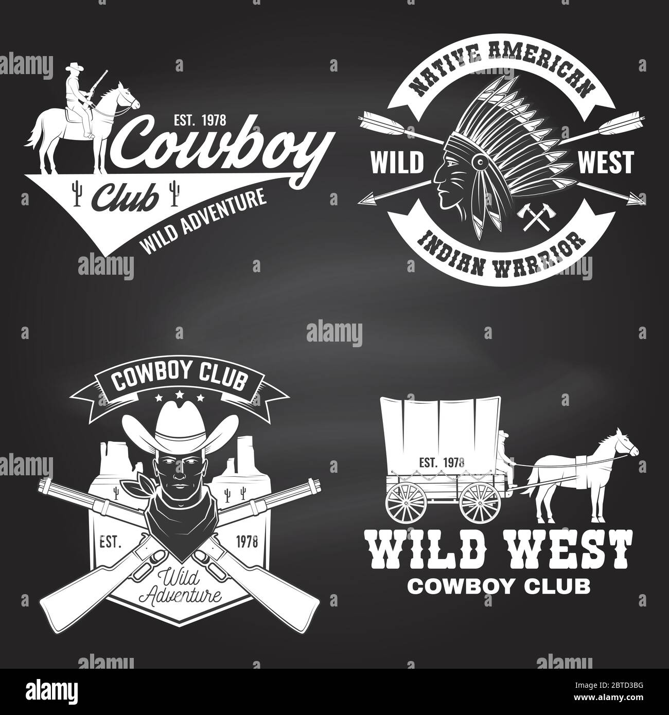 Set of cowboy club badge on chalkboard. Wild west Vector illustration ...