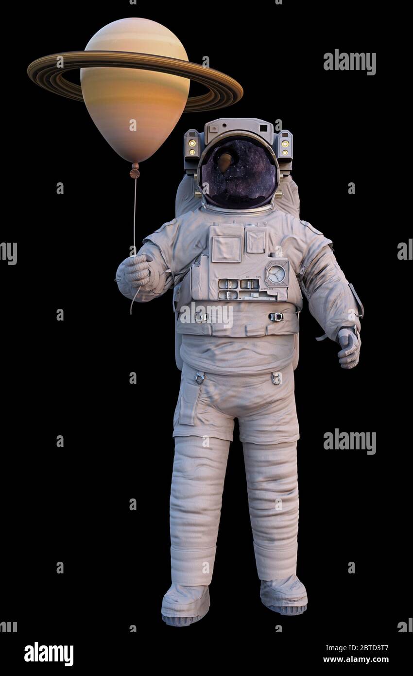 astronaut with planet Saturn balloon isolated on black background Stock ...