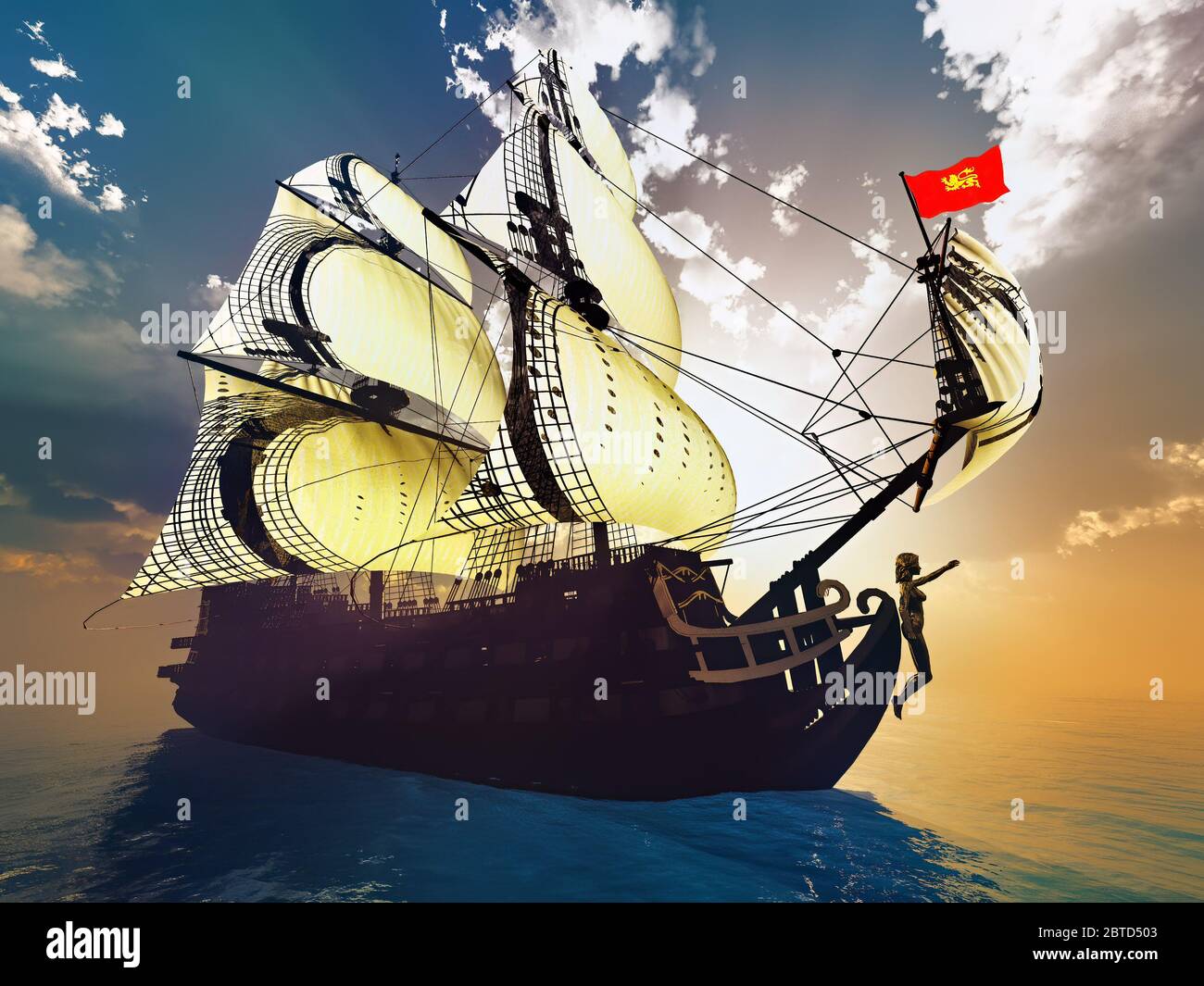 old ship in sea sunset 3d rendering Stock Photo - Alamy