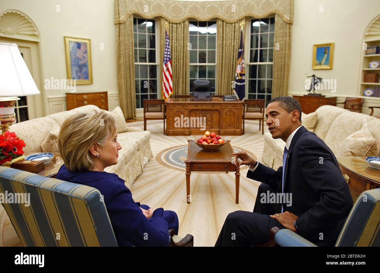 President Barack Obama meets with Secretary of State Hillary Clinton in the Oval Office shortly ...