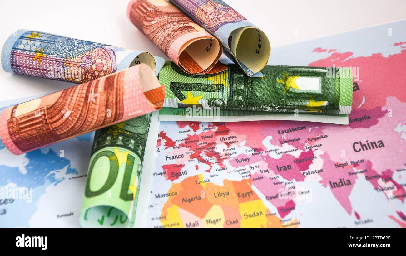 Euro banknote on the Europe map. Concept for Eurozone, European economy ...
