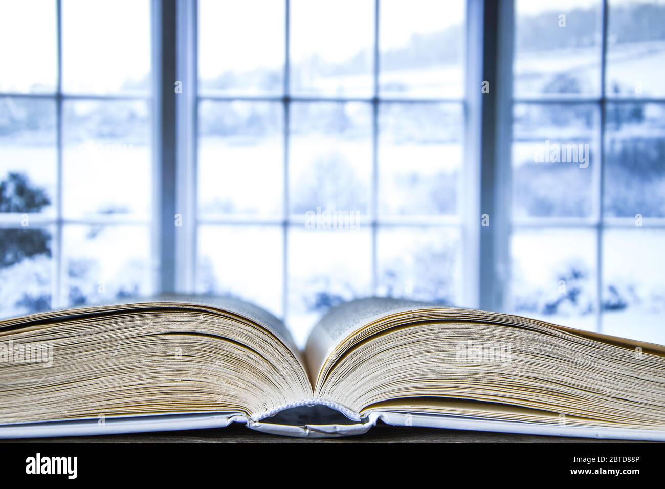 Closeup of a hardcover book open in the middle, Open book, winter ...