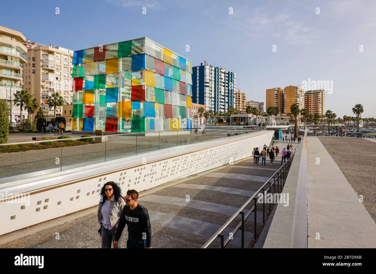 Malaga, Andalusia, Spain - Glass Cube of the Centre Pompidou, New Harbour District with the chic ...