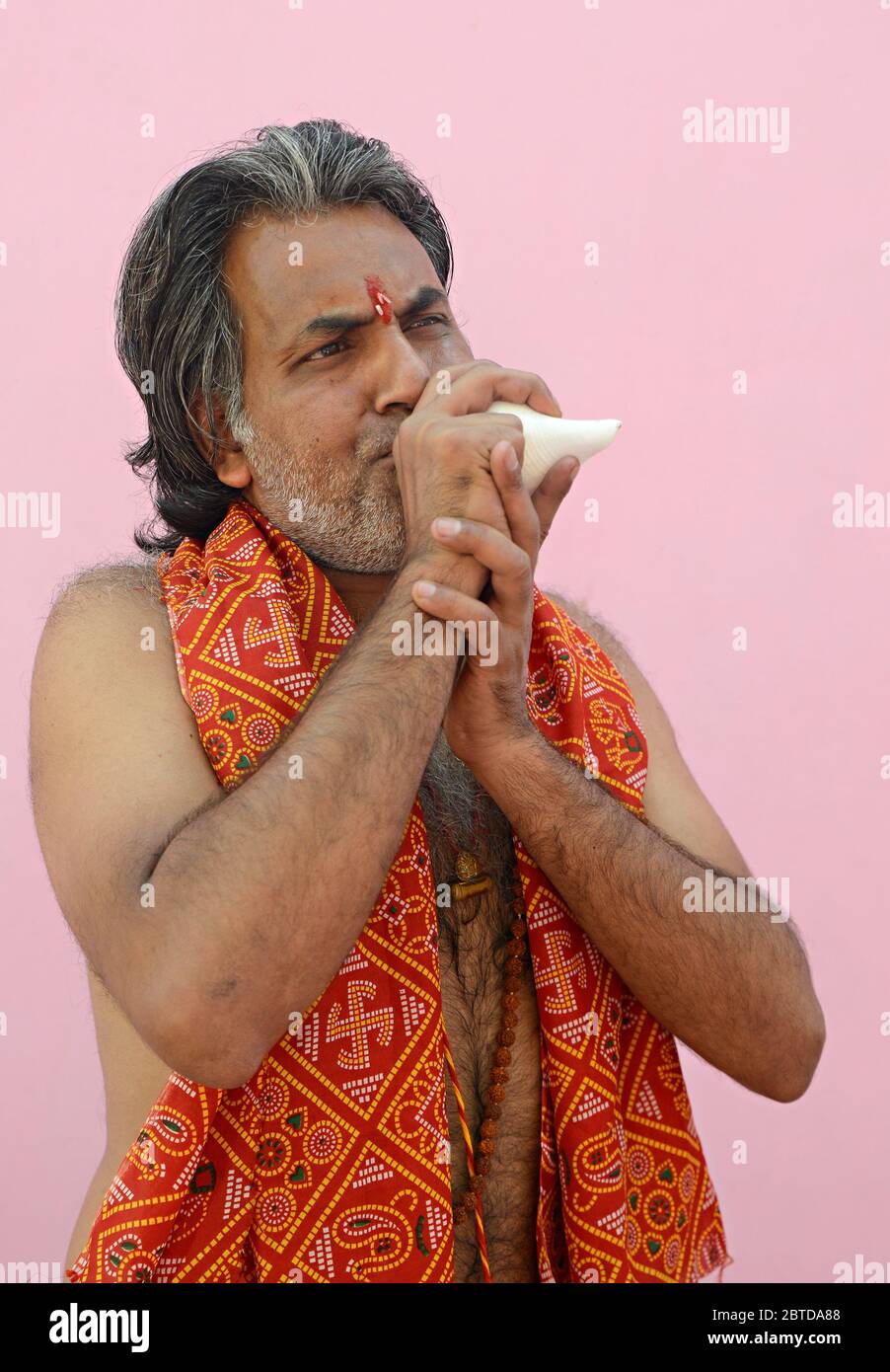 Hindu Priest blowing the conch shell Stock Photo - Alamy