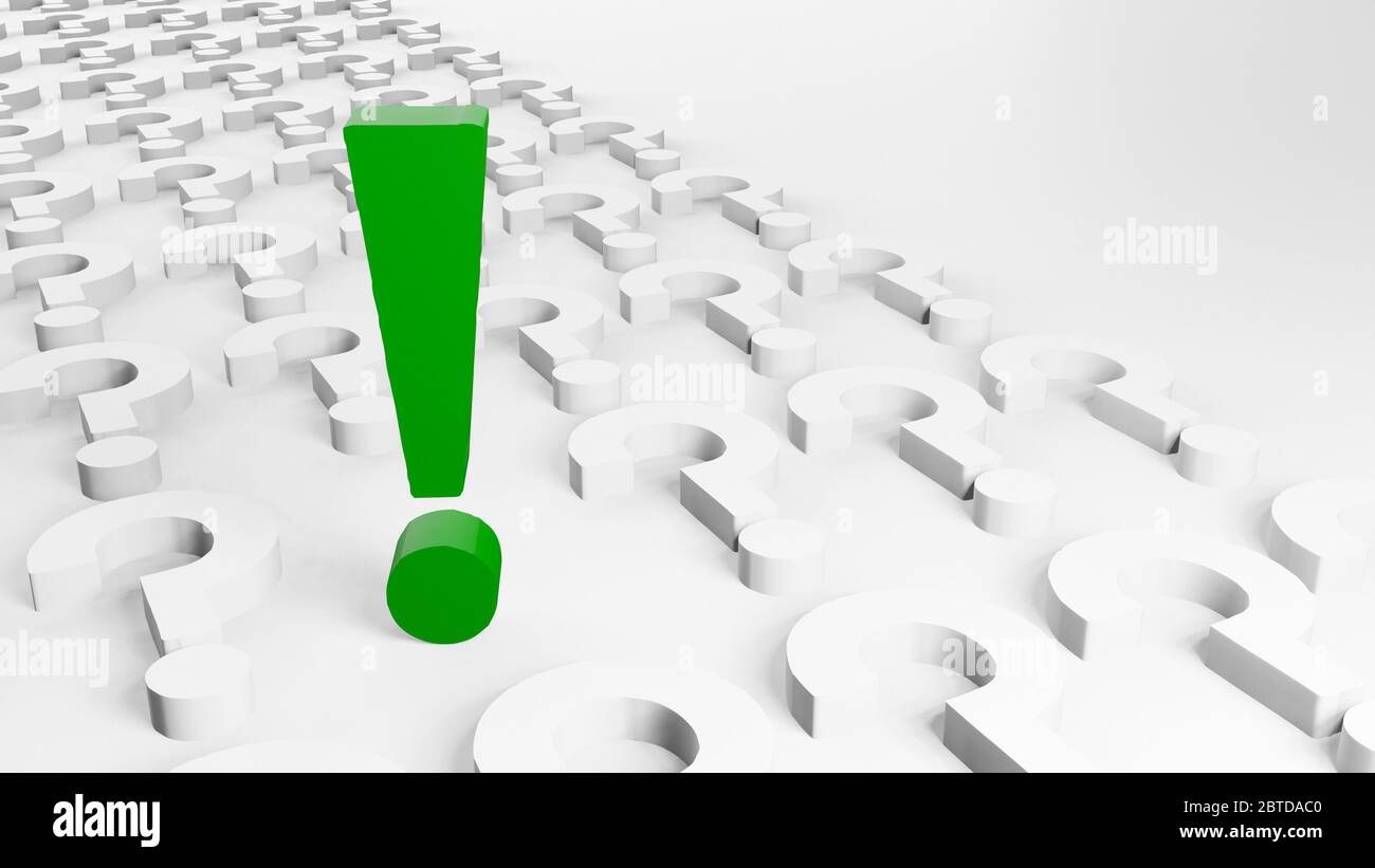 One green exclamation mark and many question marks in line and order ...