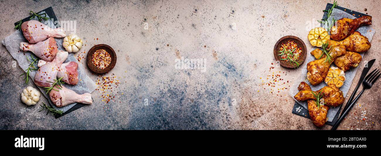 Chicken meat banner. Raw chicken legs and fried spicy chicken legs ...