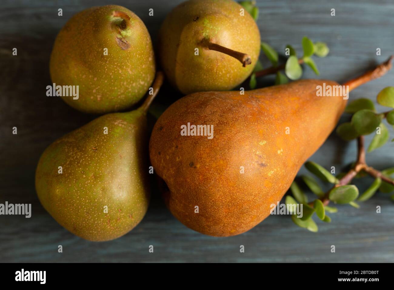 Whole pears on blue board, ready to eat Stock Photo - Alamy