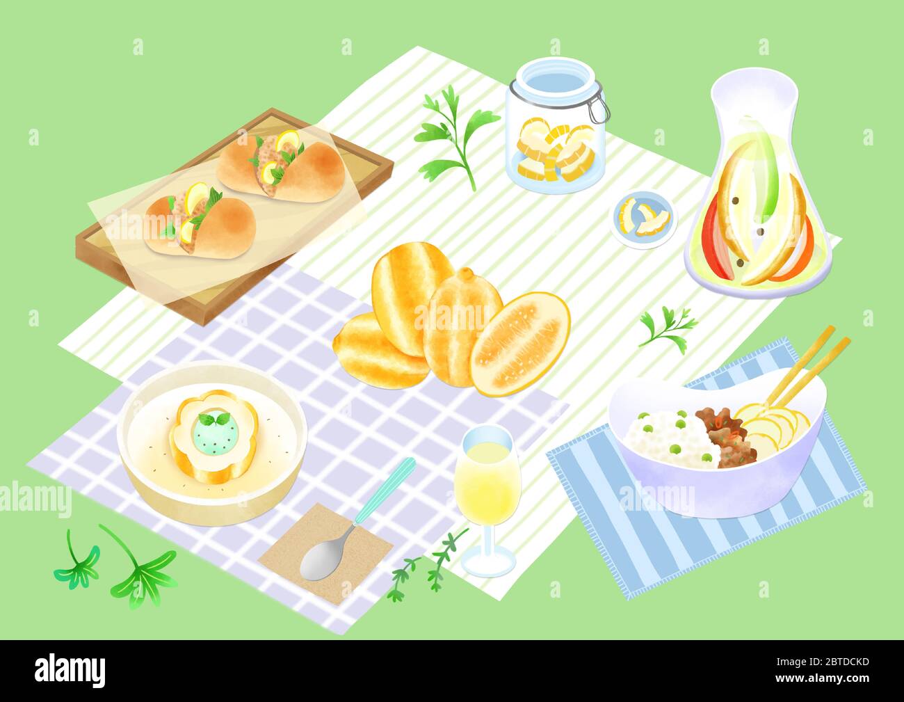 Spring picnic with different food on blanket illustration 020 Stock ...