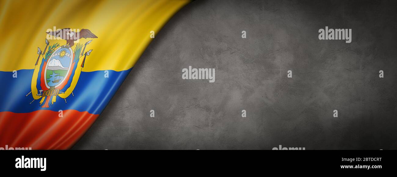 Ecuador flag on concrete wall. Horizontal panoramic banner. 3D ...
