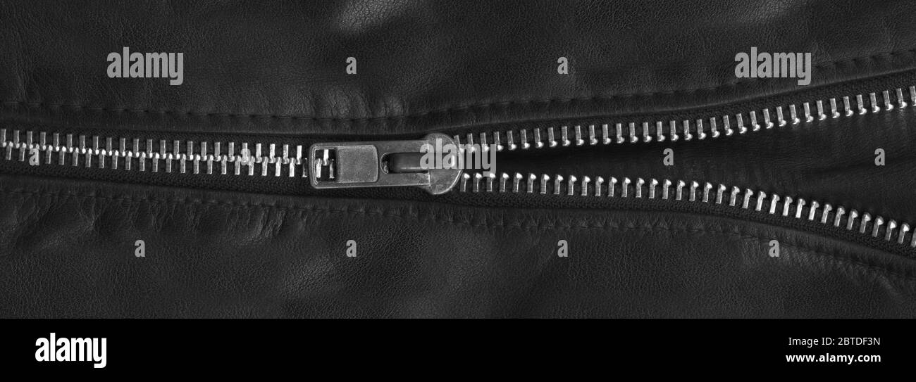 Zipper on black leather jacket. Texture banner background Stock Photo ...