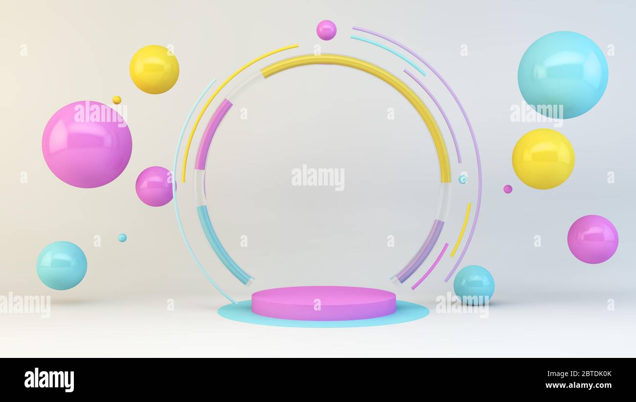 Pink platform with floating colorful spheres 3d rendering Stock Photo ...