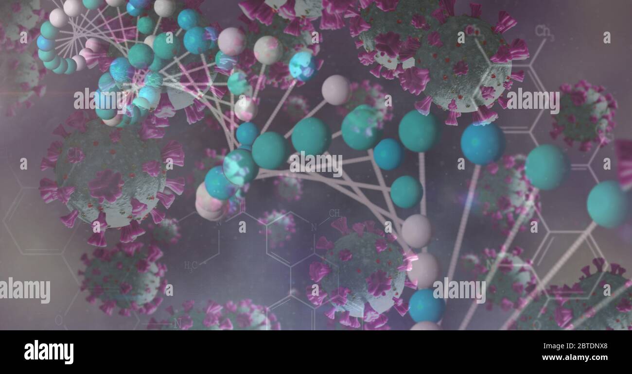 Blue DNA strain over molecules and coronavirus Covid19 cells Stock ...