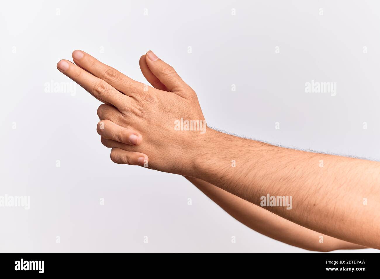 Hand of caucasian young man showing fingers over isolated white ...