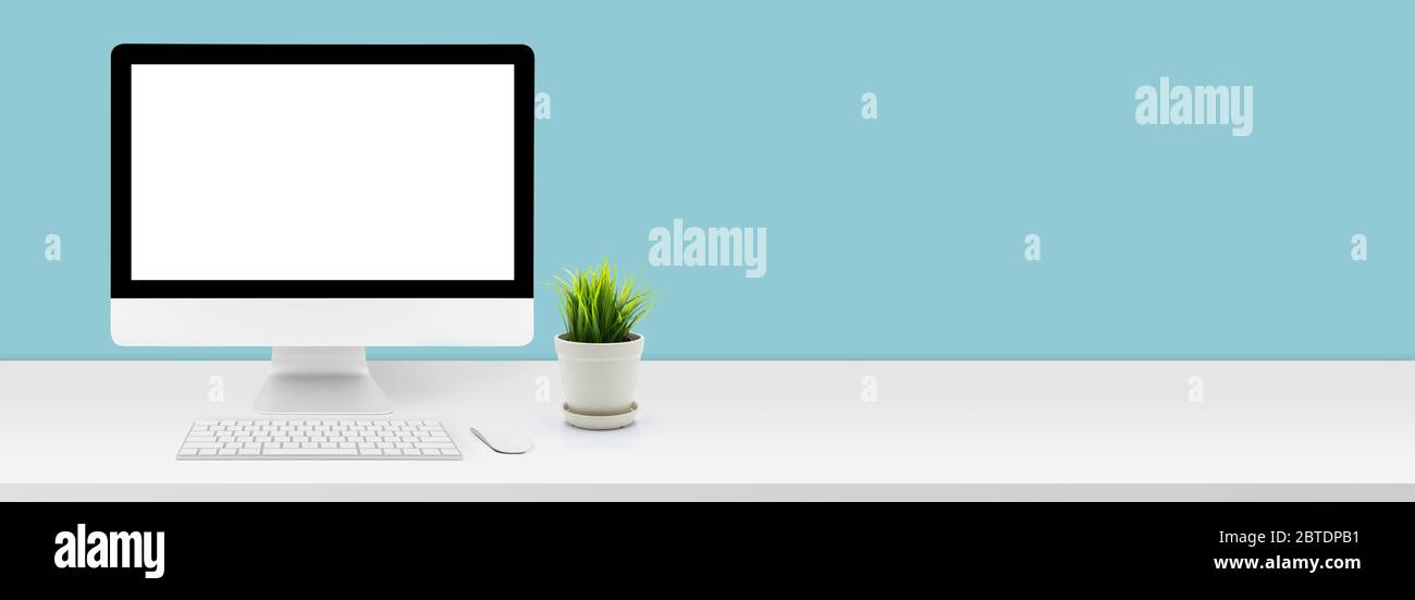 Mockup desktop computer display blank screen on desk in office ...