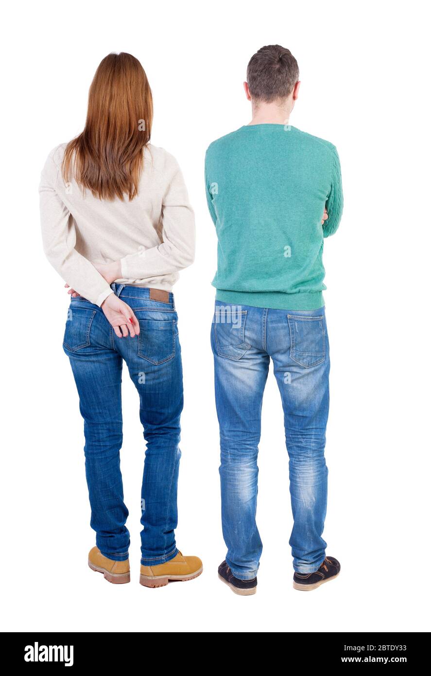 Back view couple in sweater. beautiful man and woman. Rear view people ...