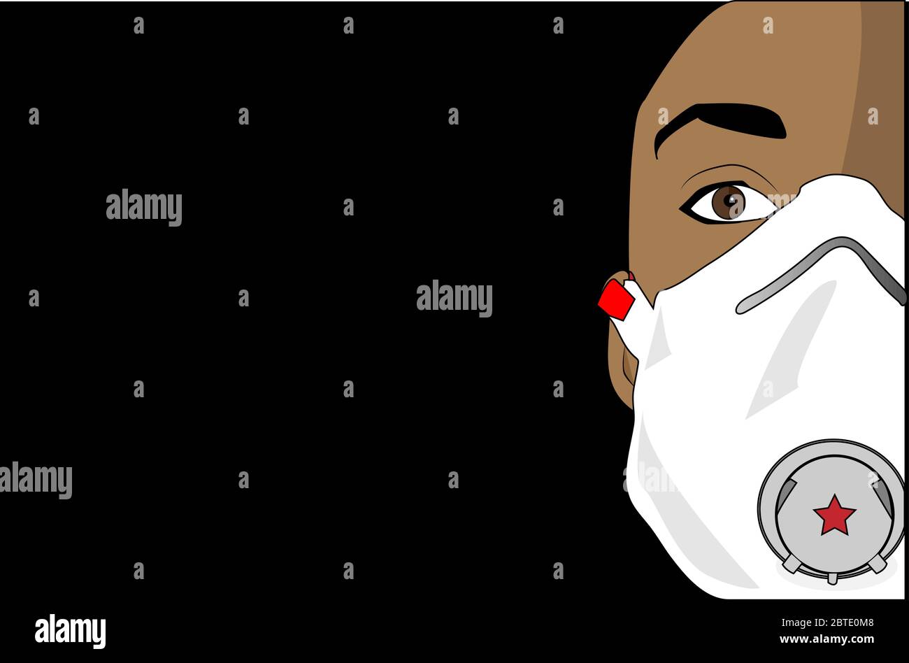 Vector illustration of a black man wearing a FFP3 mask with exhalation ...