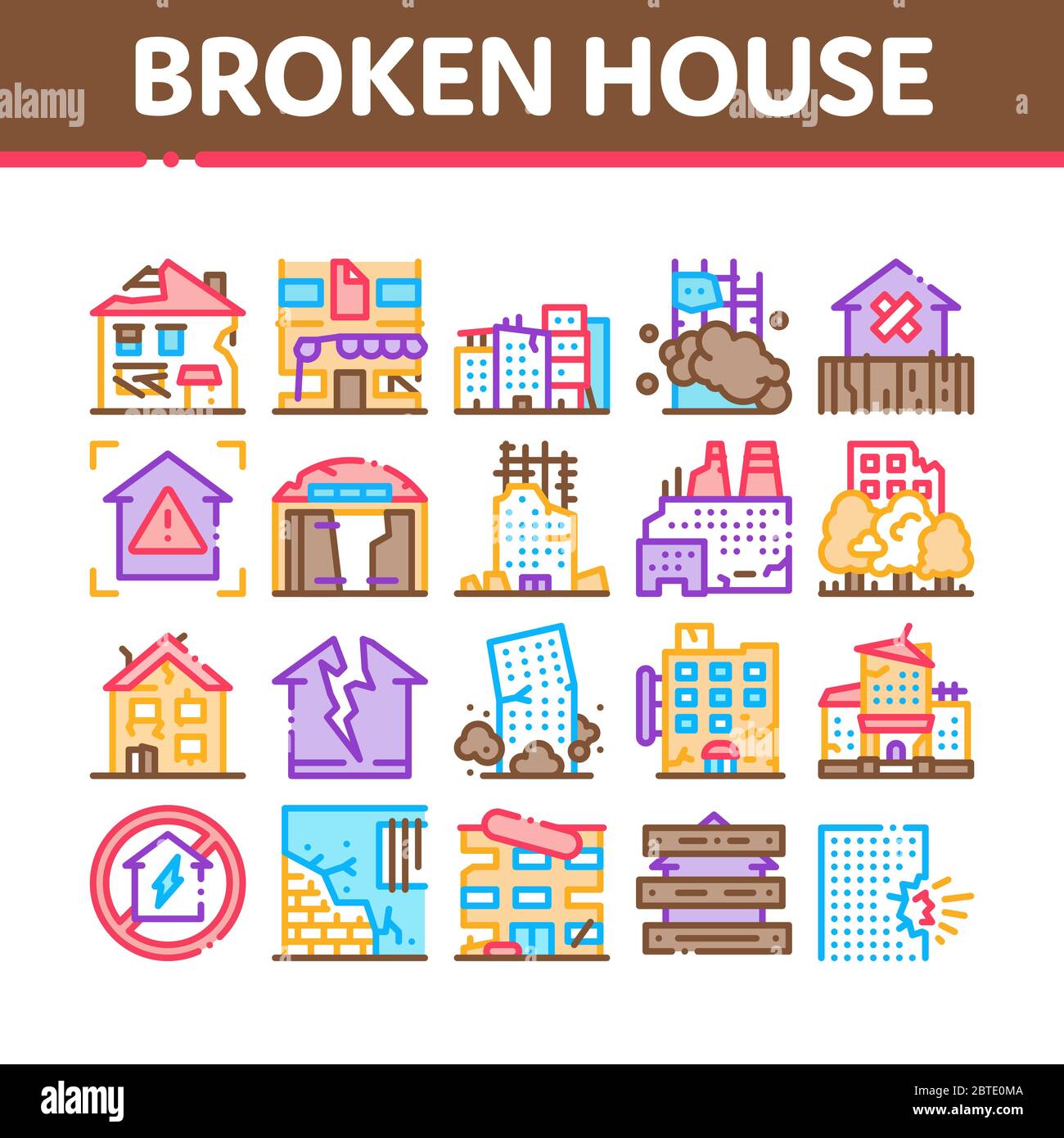 Broken House Building Collection Icons Set Vector Stock Vector Image ...