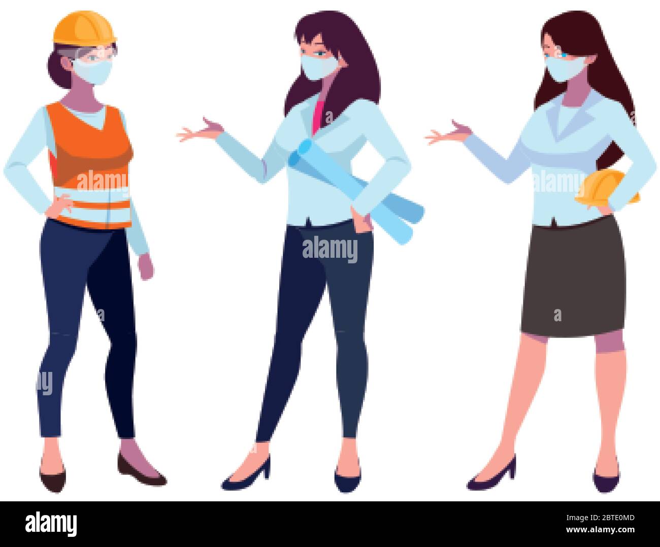 female industrial workers working with face masks vector illustration ...