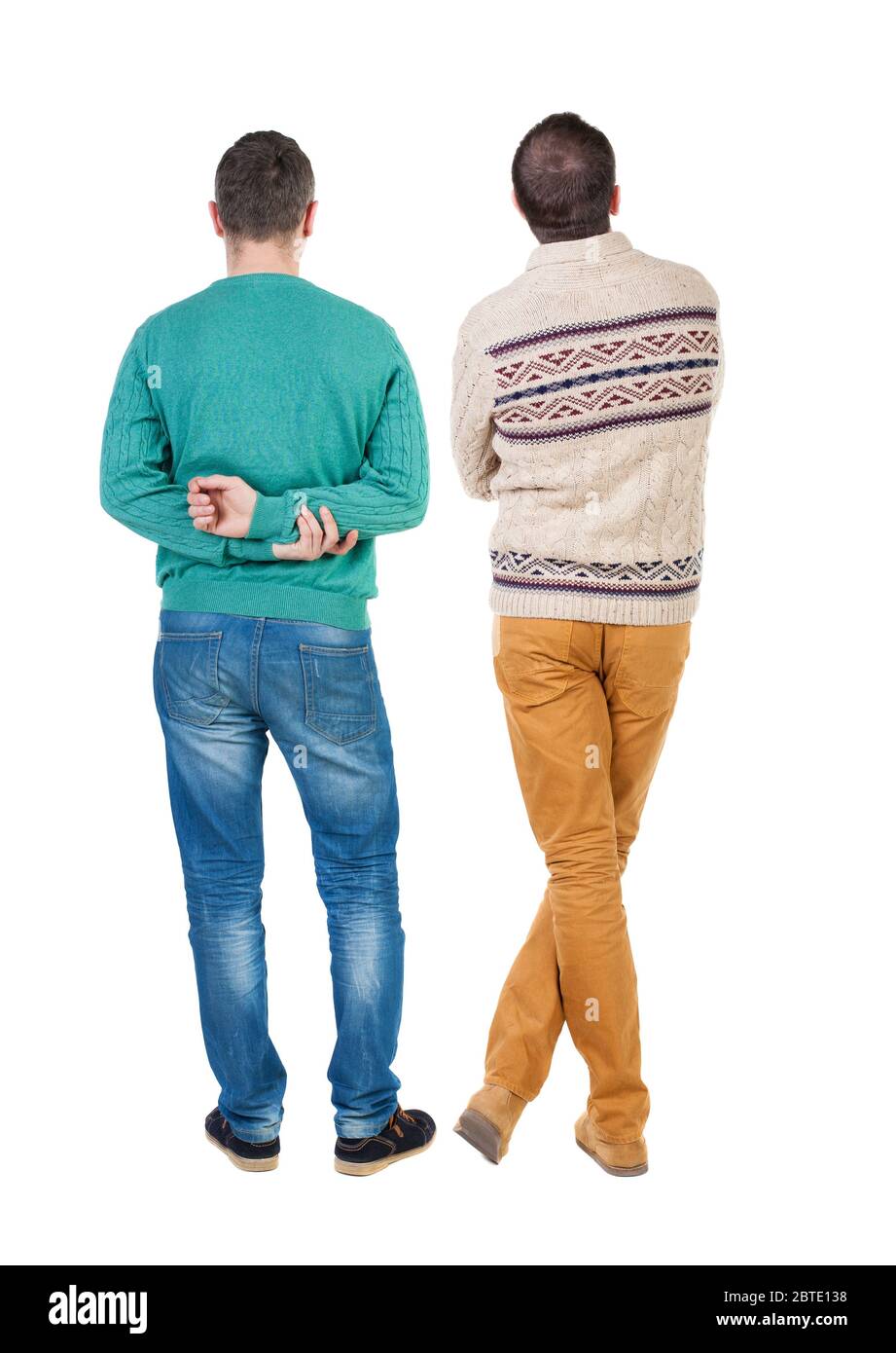 Back view of two man in sweater pointing. Rear view people collection ...
