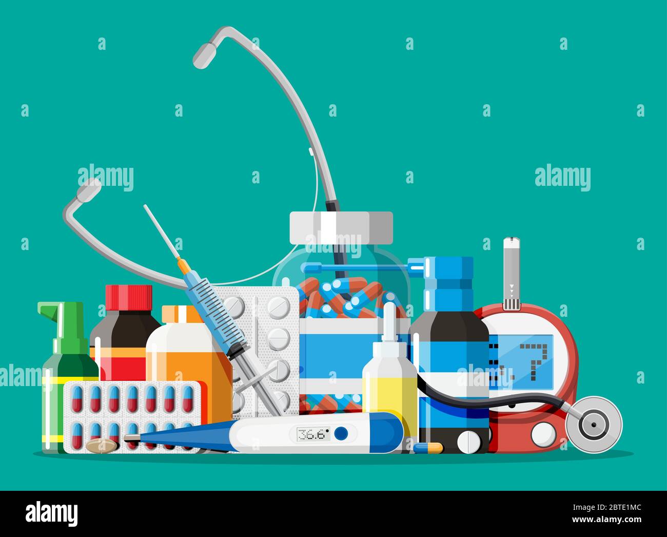 Medicine collection. Set of bottles, tablets, pills, capsules and ...