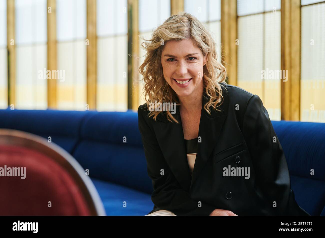 Berlin, Germany. 18th May, 2020. Actress Brigitte Zeh sits on the blue ...