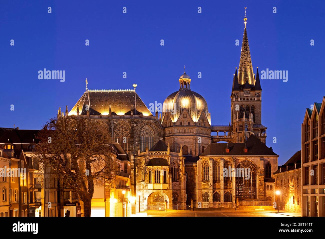 illuminated Aachen Cathedral in the evening, Germany, North Rhine ...