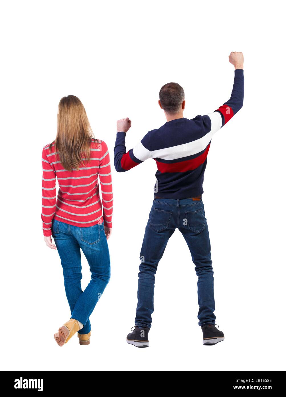 Back view couple in sweater. beautiful man and woman. Rear view people ...