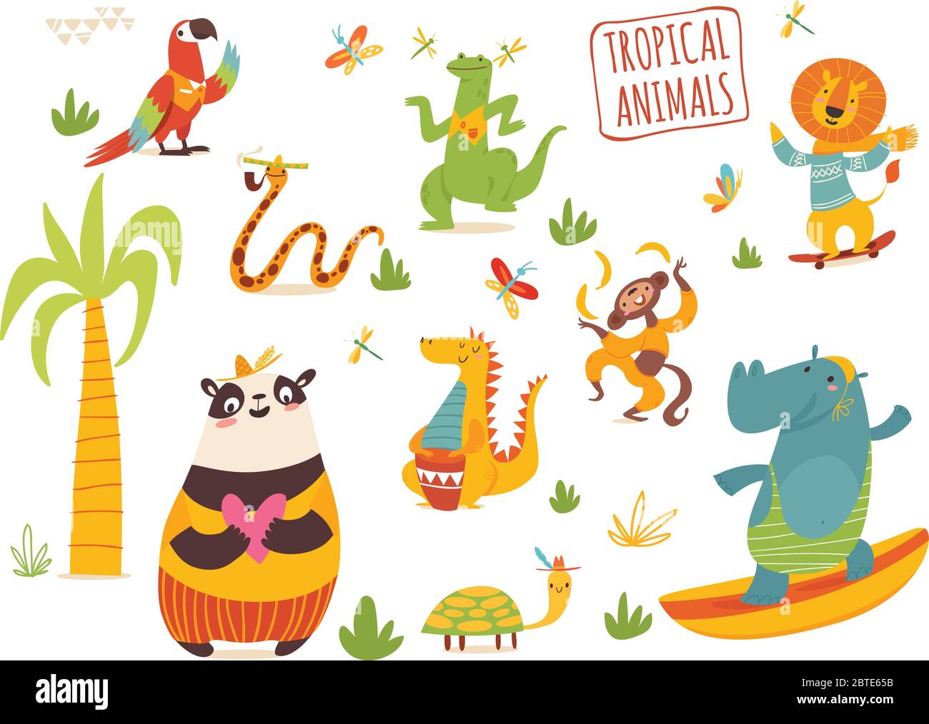 Vector set of cute cartoon hand drawn tropical animals Stock Vector ...