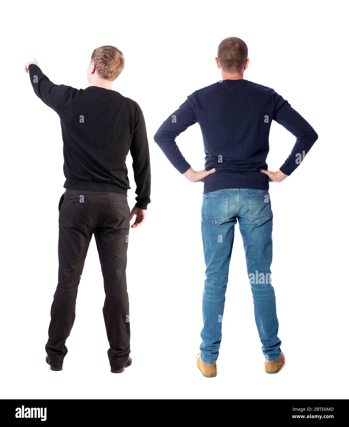 Back view of two man in sweater pointing. Rear view people collection ...