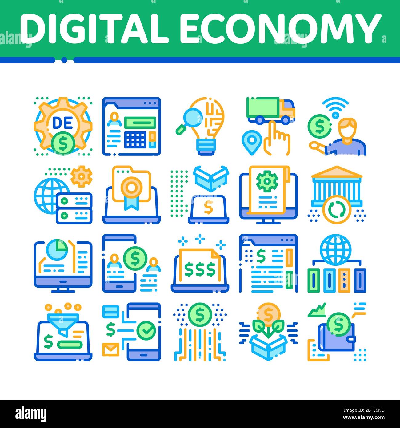 Digital Economy And E-business Icons Set Vector Stock Vector Image ...