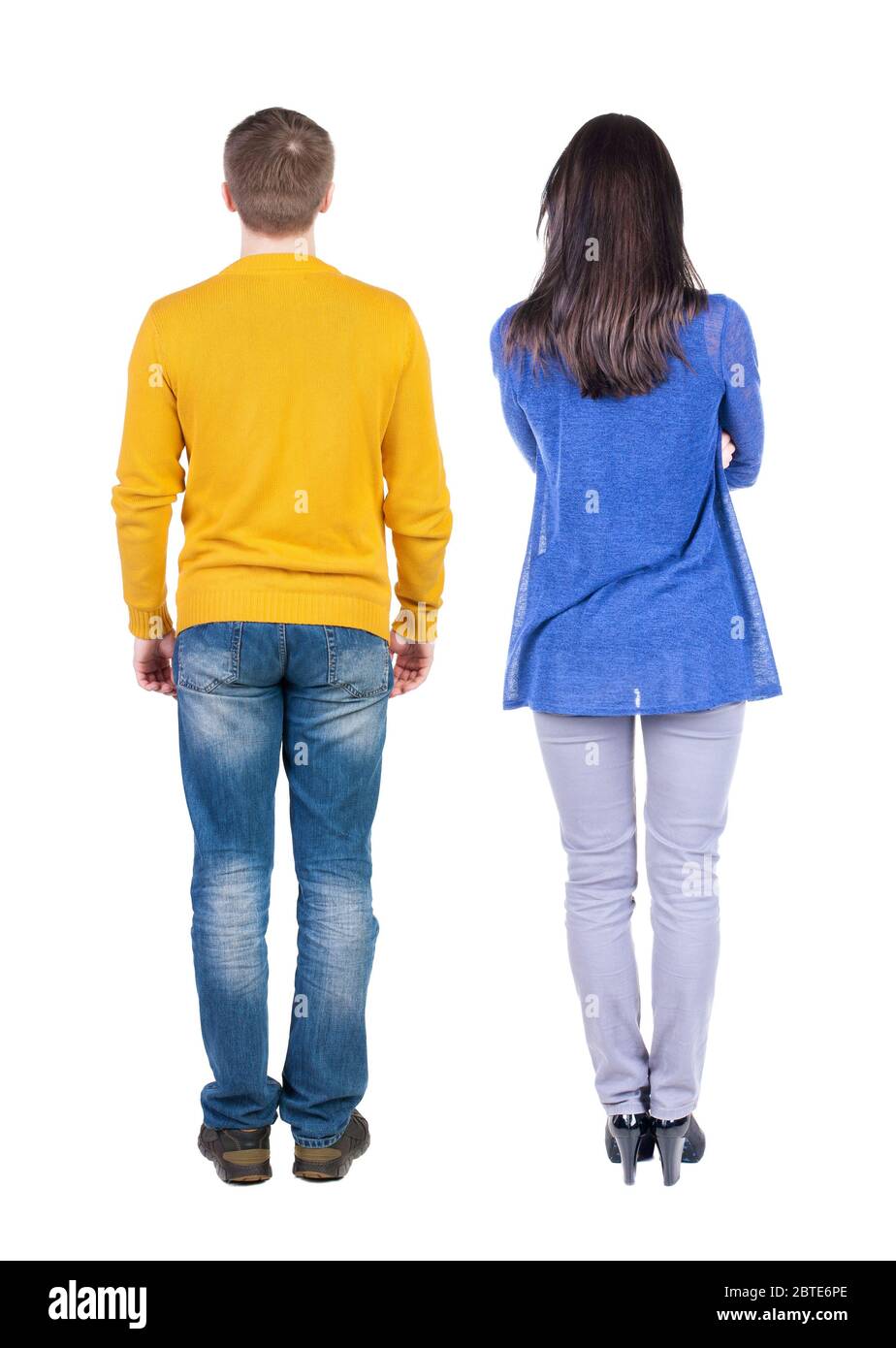 Back view couple in sweater. beautiful man and woman. Rear view people ...