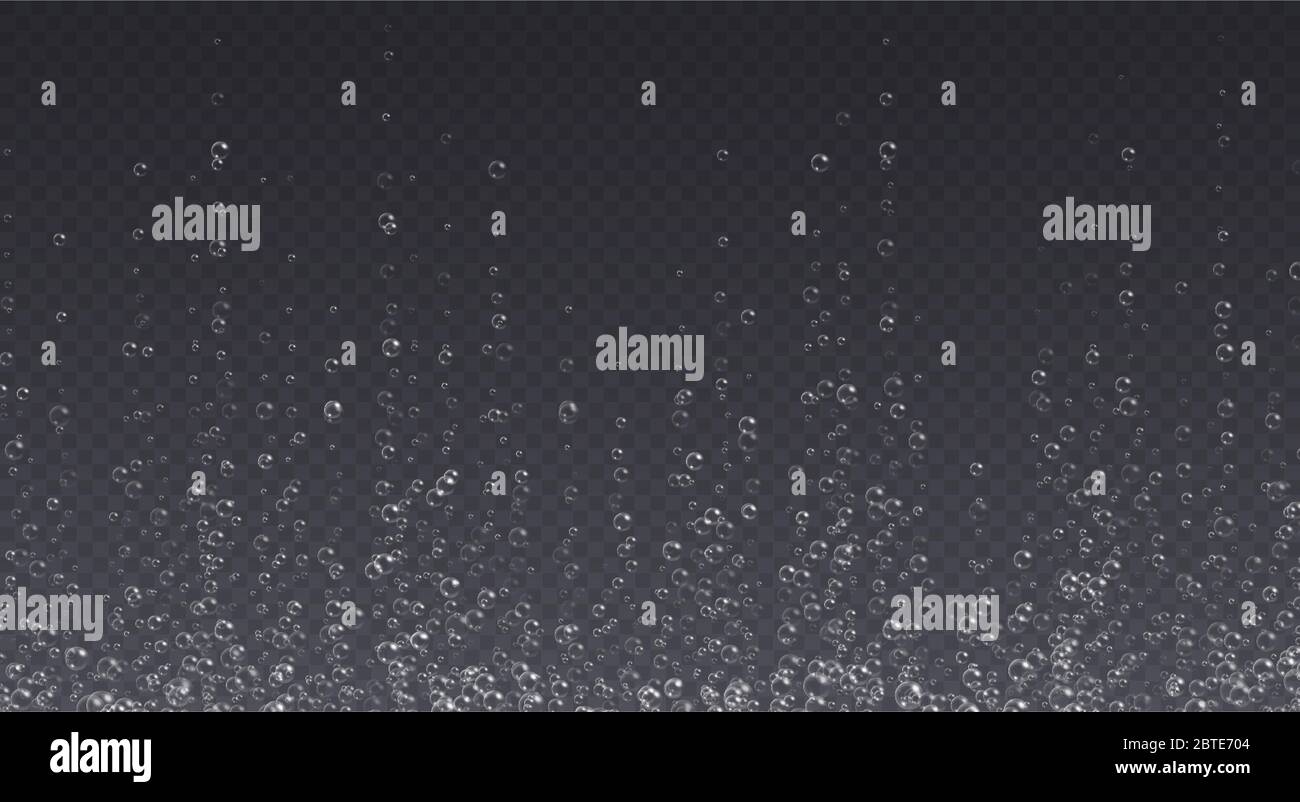 Underwater fizzing bubbles, soda or champagne carbonated drink, sparkling water isolated on dark ...