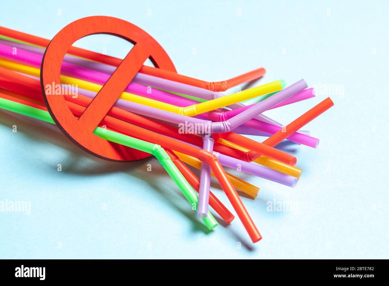 Ban on plastic straws for drinks. Prohibition sign and plastic Stock ...