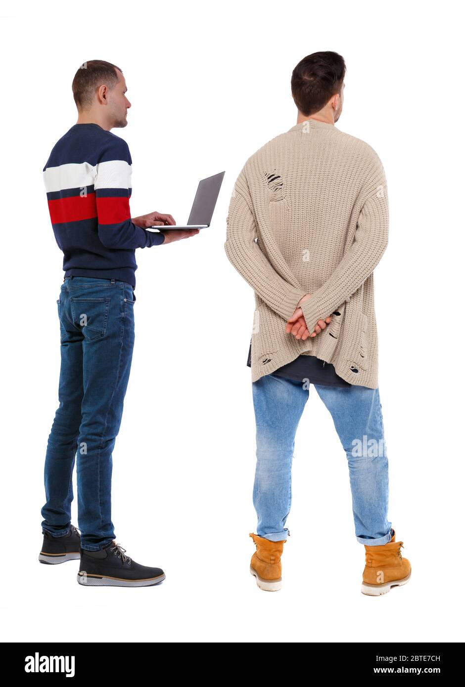 Back view two man in sweater with laptop. Rear view people collection ...