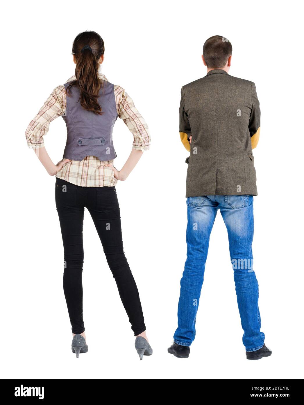 Back view couple in sweater. beautiful man and woman. Rear view people ...