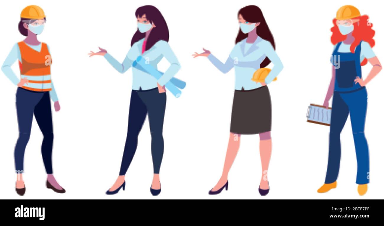 female industrial workers working with face masks vector illustration ...