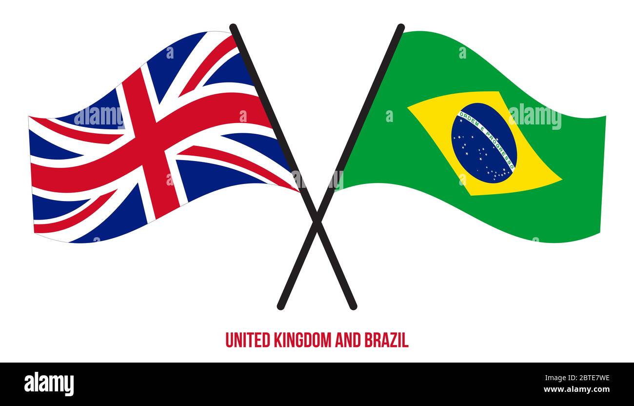 United Kingdom and Brazil Flags Crossed And Waving Flat Style. Official ...