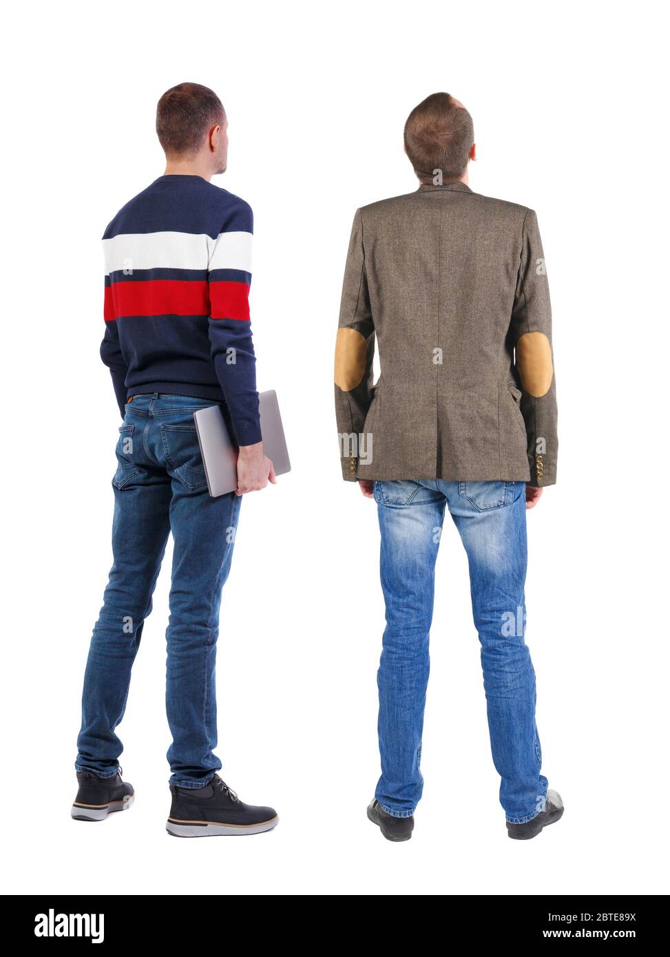 Back view two man in sweater with laptop. Rear view people collection ...