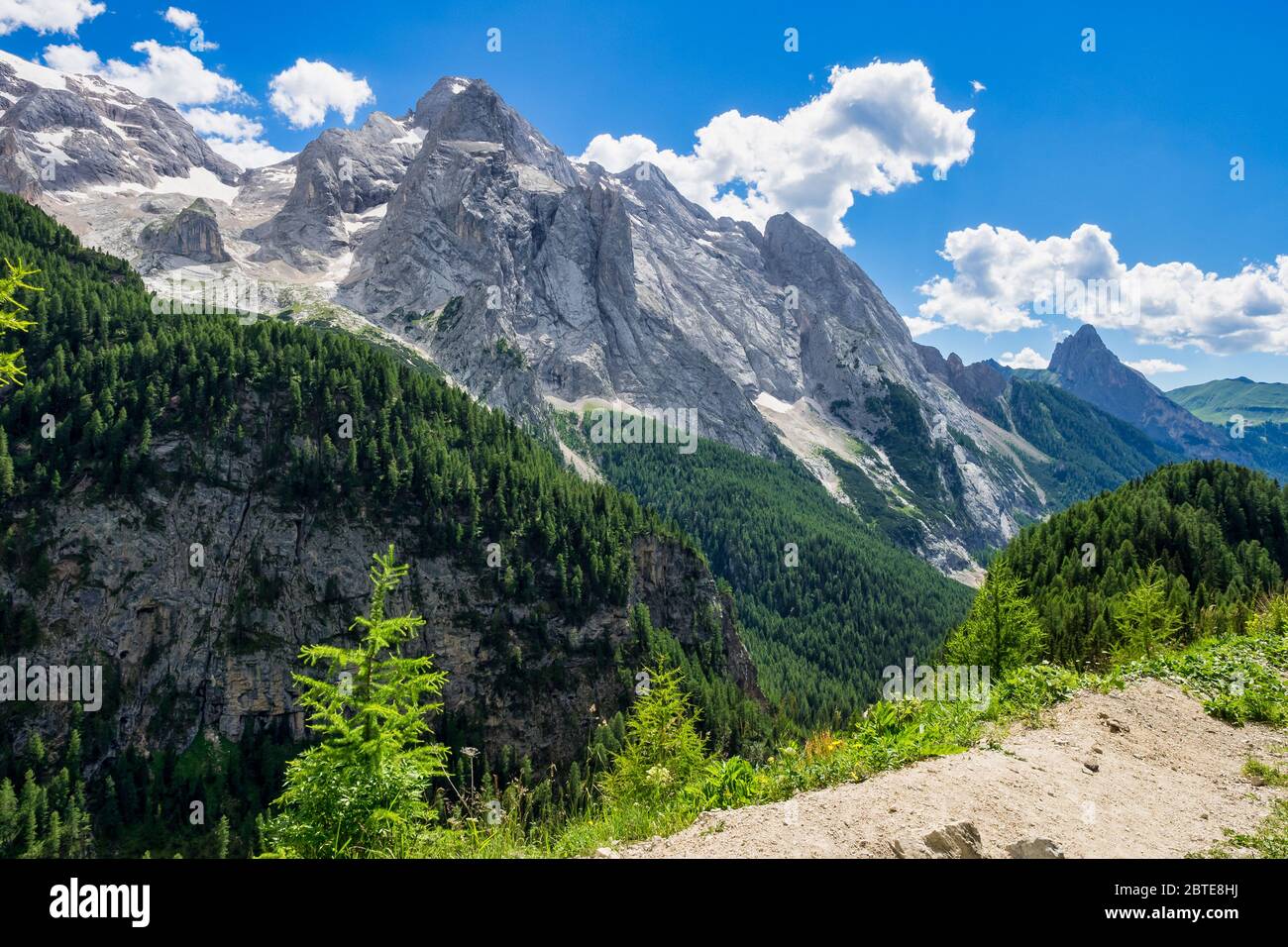 Alpine landscape in the Dolomites, Italy. Glacier Marmolada and Fedaia ...