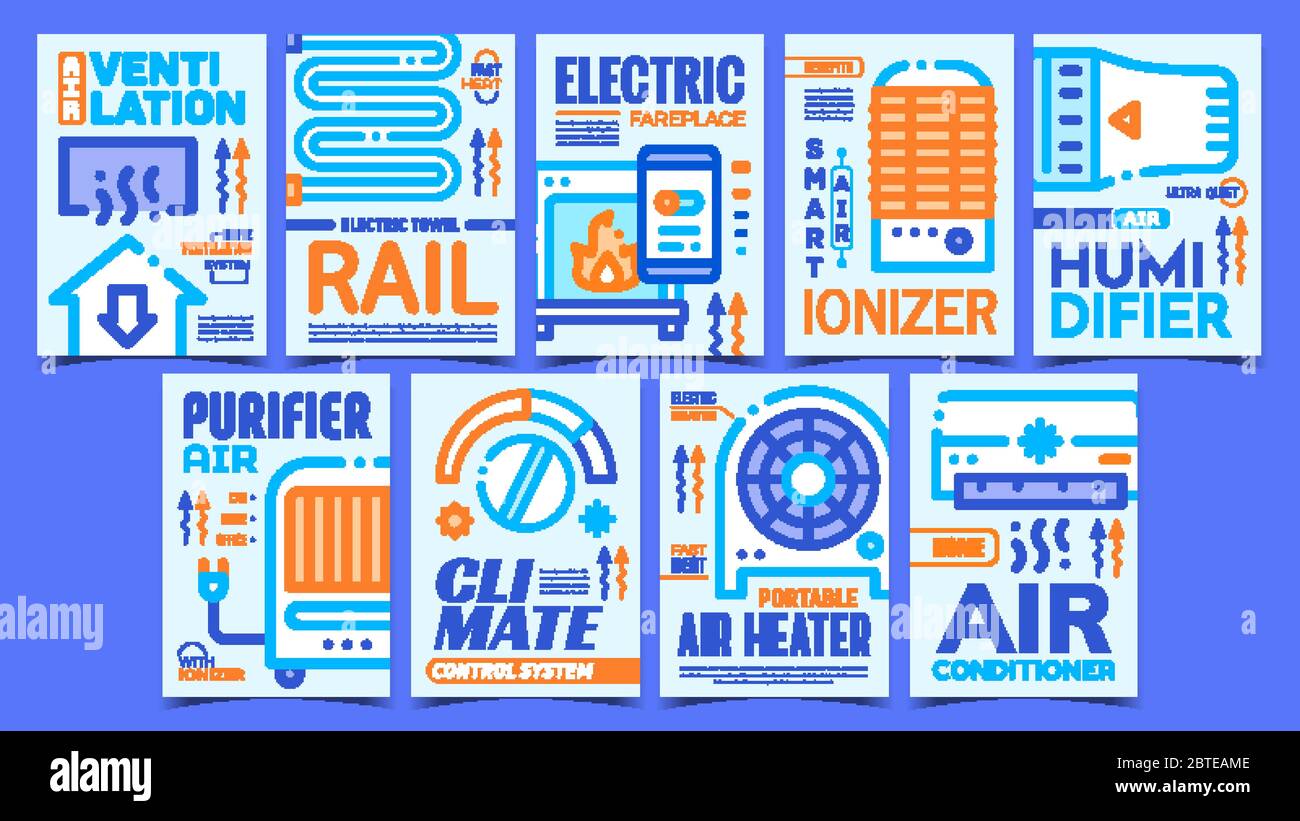Heating And Cooling Equipment Posters Set Vector Stock Vector Image ...