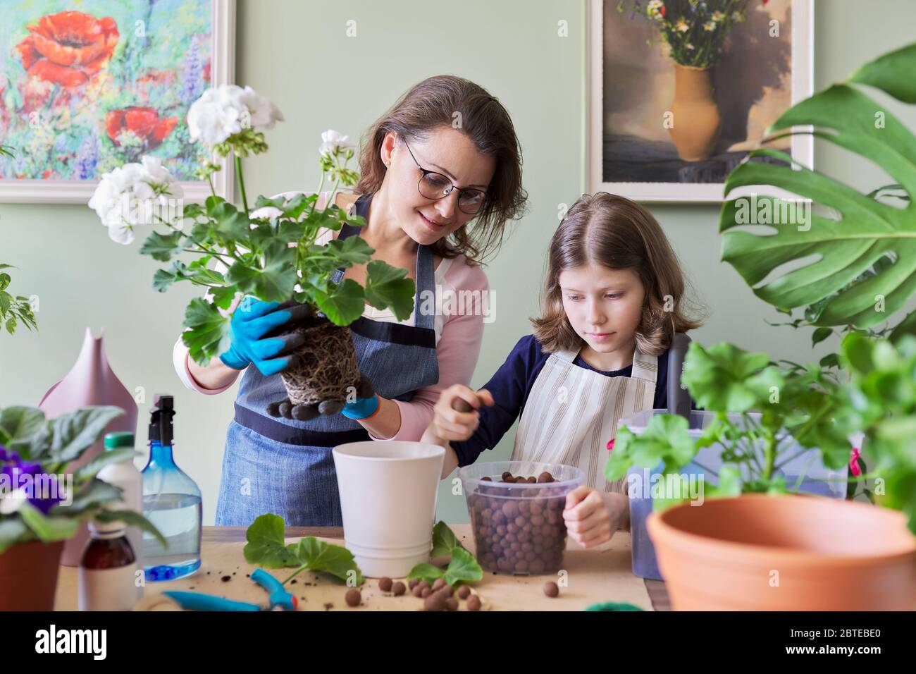 Mother and daughter child plant potted flowers Stock Photo - Alamy
