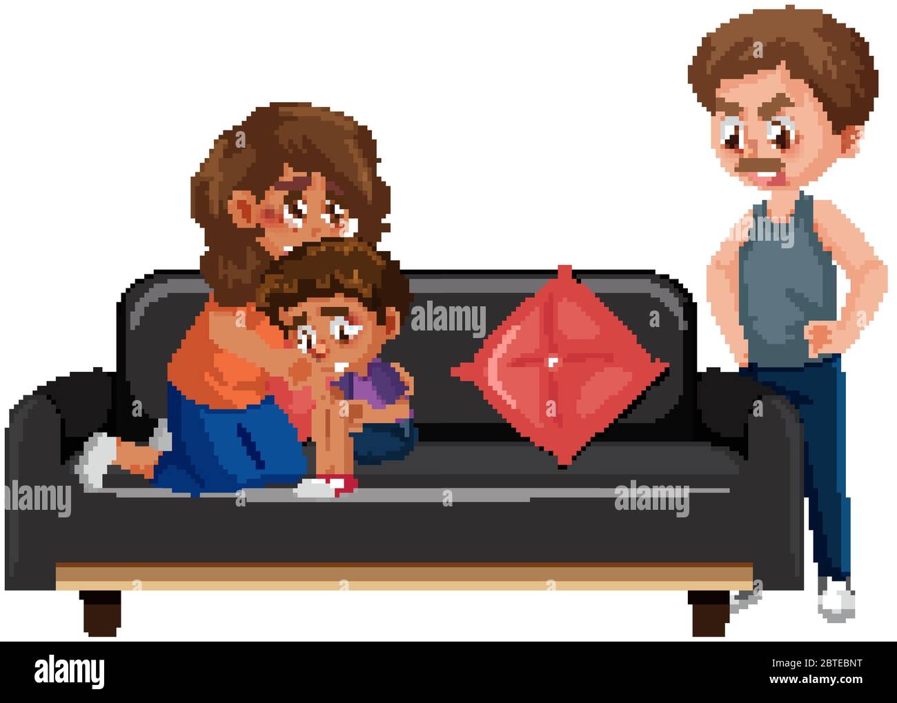 Violence scene with father bullying family on white background ...