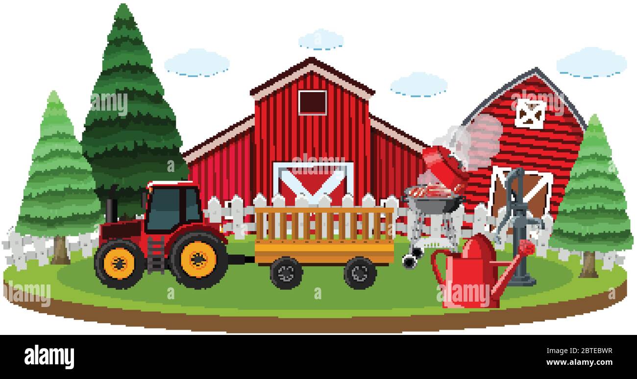 Farm scene with tractor by the barns on white background illustration ...