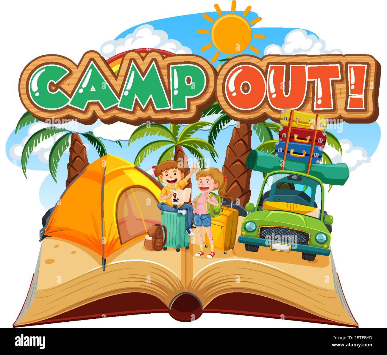 Font design for camp out with tent in the park illustration Stock ...