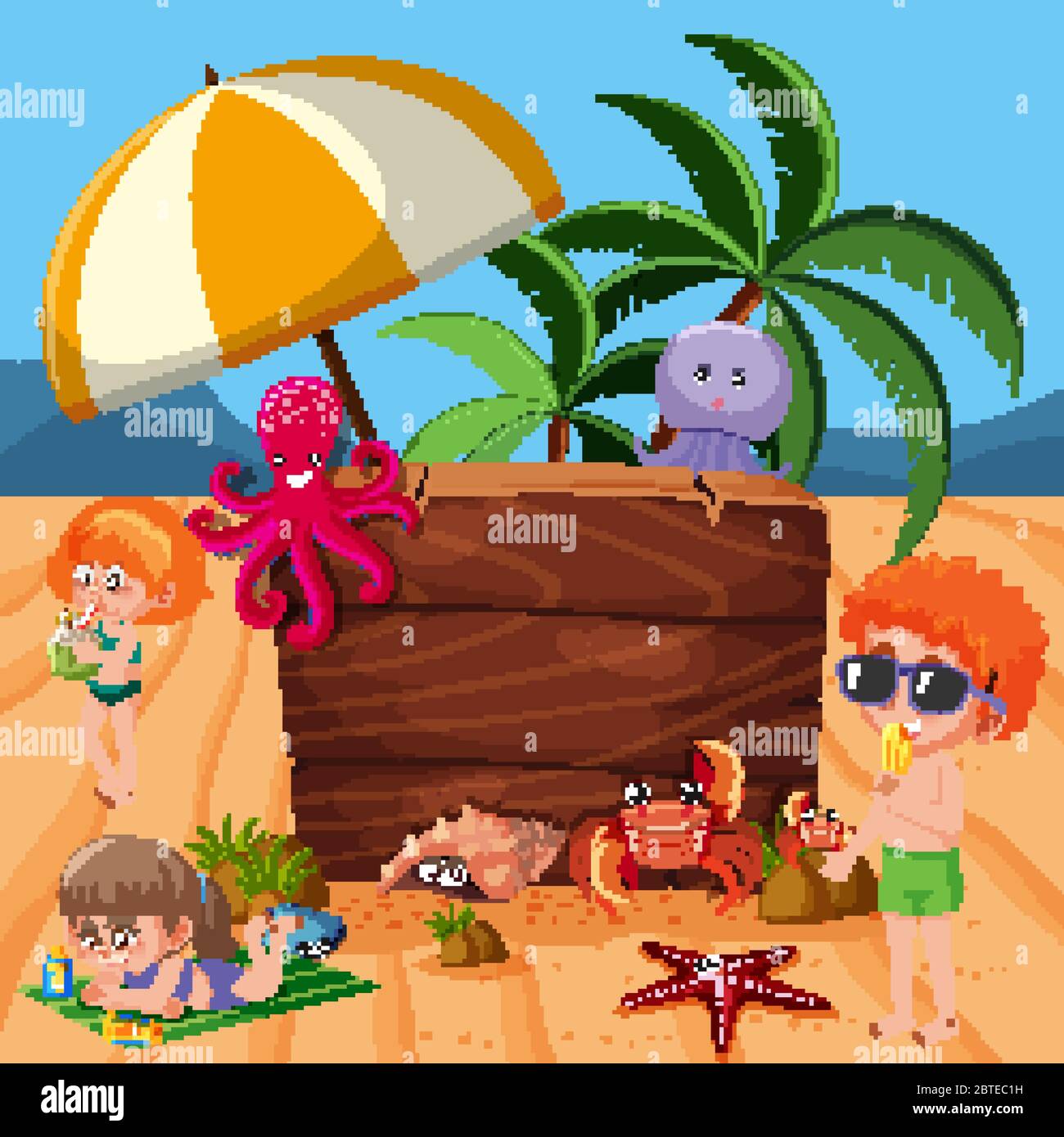Wooden board template with sea creatures and kids in background ...
