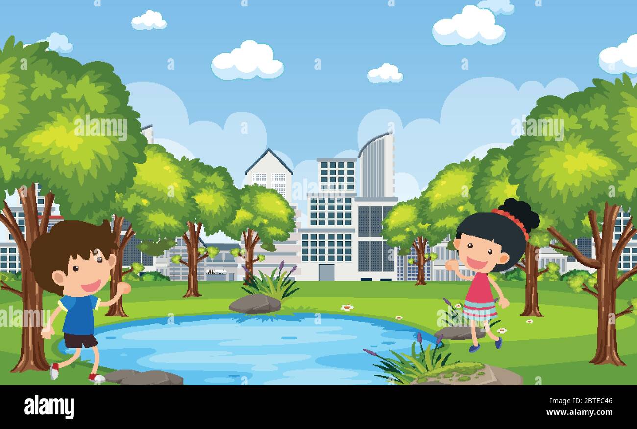Background scene with happy children in the park illustration Stock ...