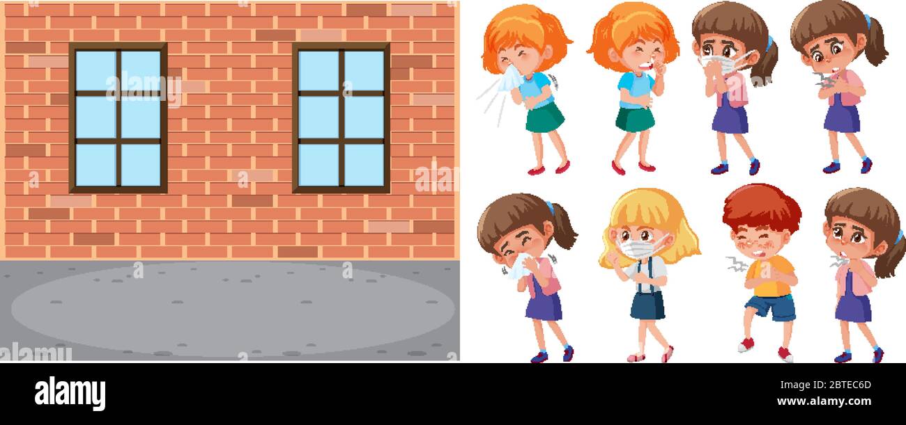 School scene and set of sick children on white background illustration ...