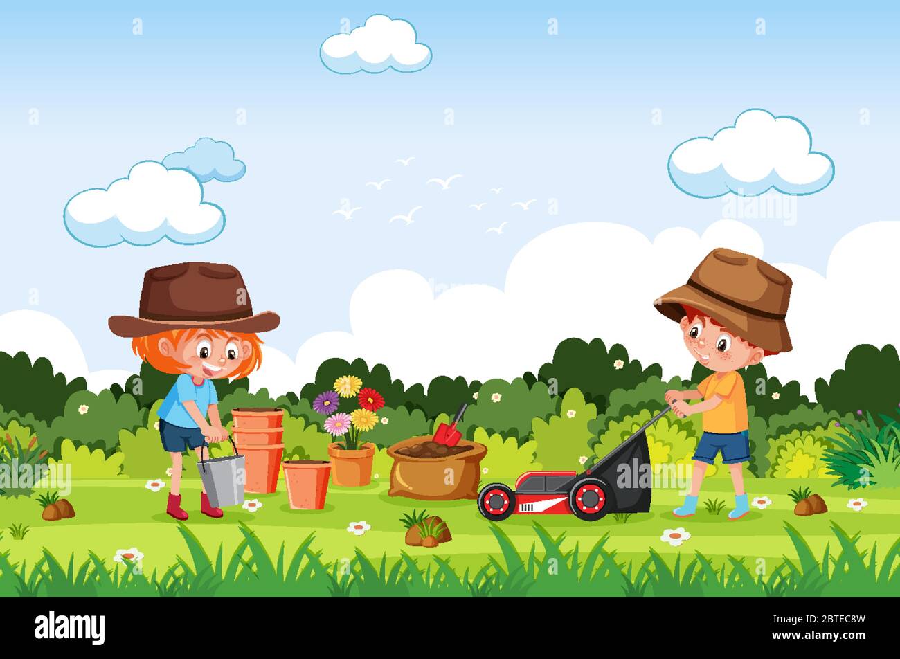 Background scene with kids planting in the park illustration Stock ...
