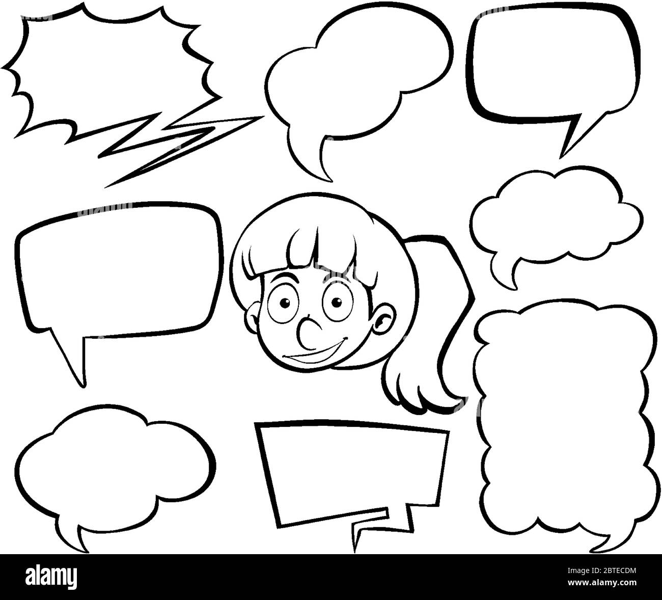 Doodle drawing of girl and speech bubbles on white background ...